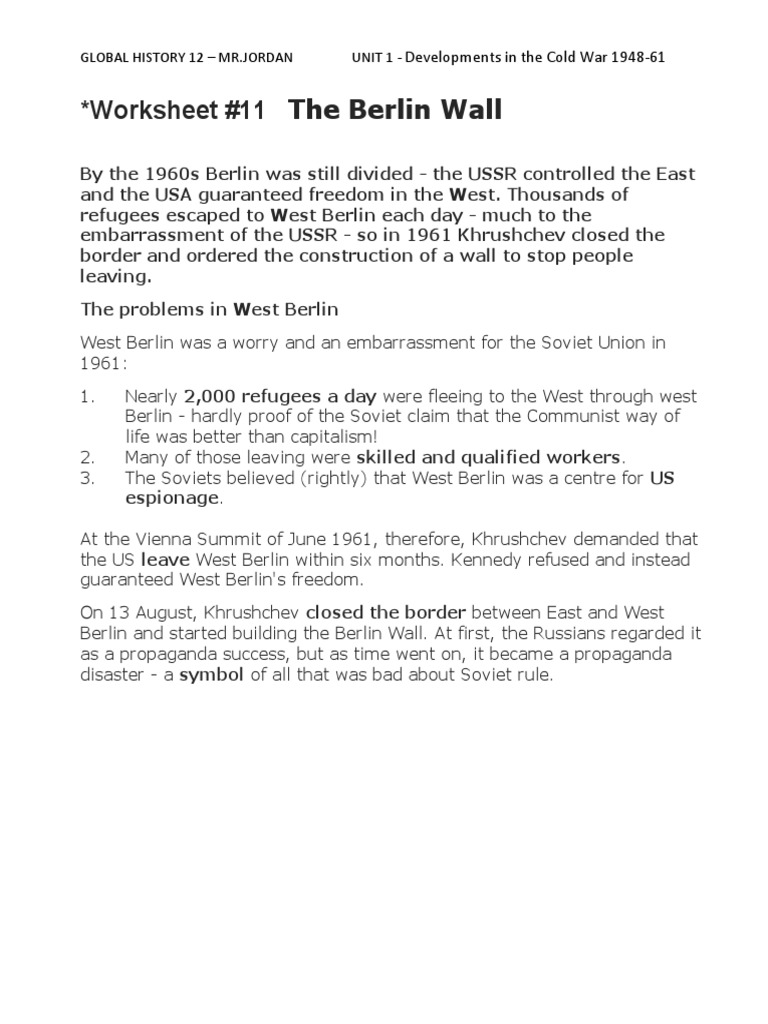 Worksheet #11 The Berlin Wall: Global History 12 - MR - Jordan Unit 1 ...