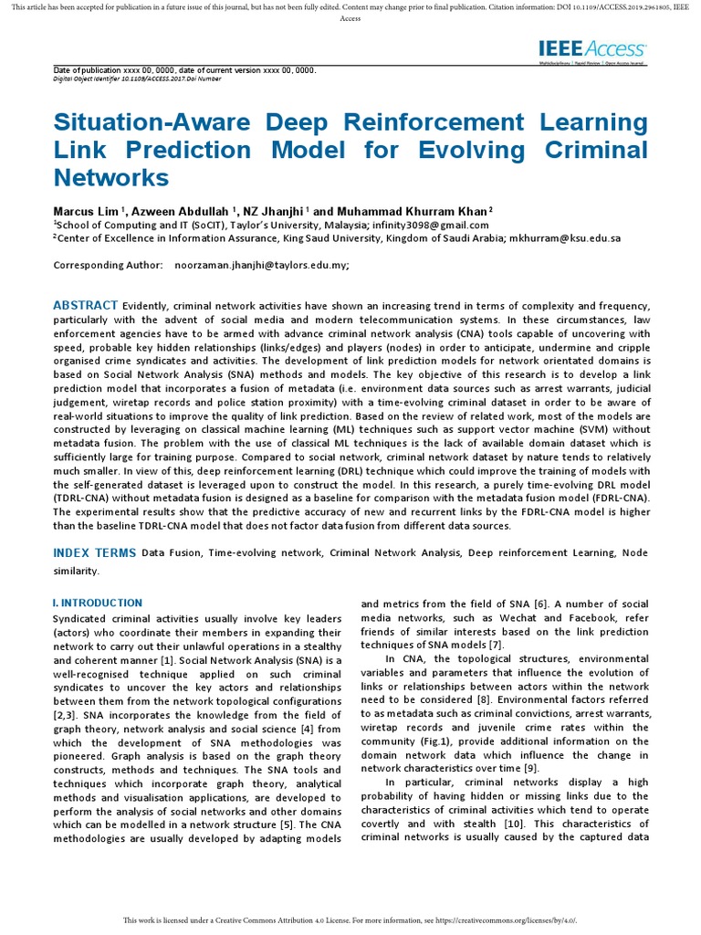 Situation-Aware Deep Reinforcement Learning Link Prediction Model For Evolving Criminal Networks ...