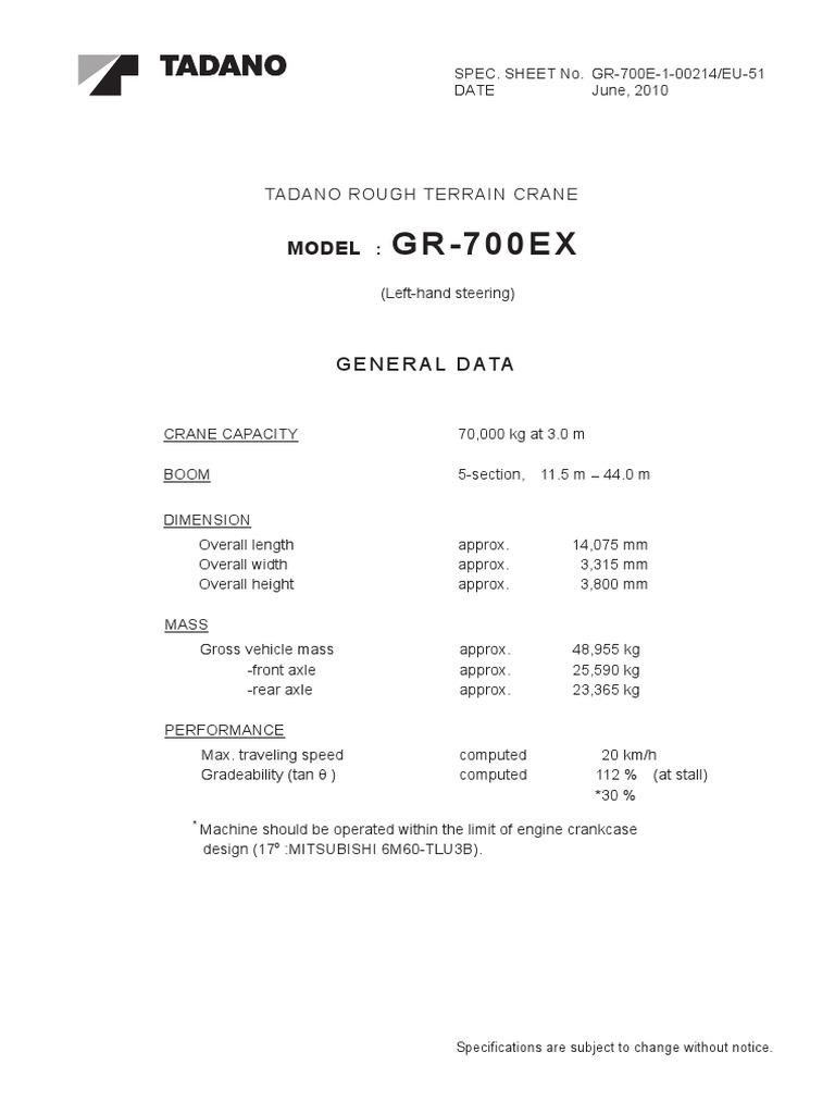 Tadano GR-700EX Crane Specifications | PDF | Crane (Machine) | Steering
