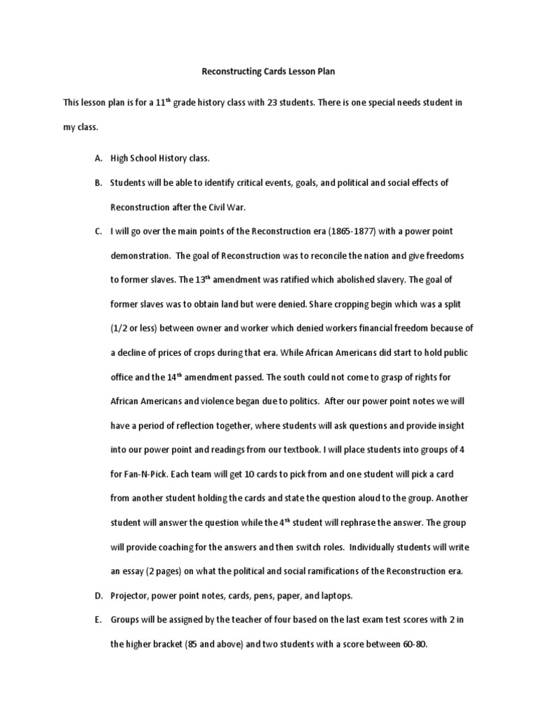 Reconstructing Cards Lesson Plan | PDF | Reconstruction Era | Lesson Plan