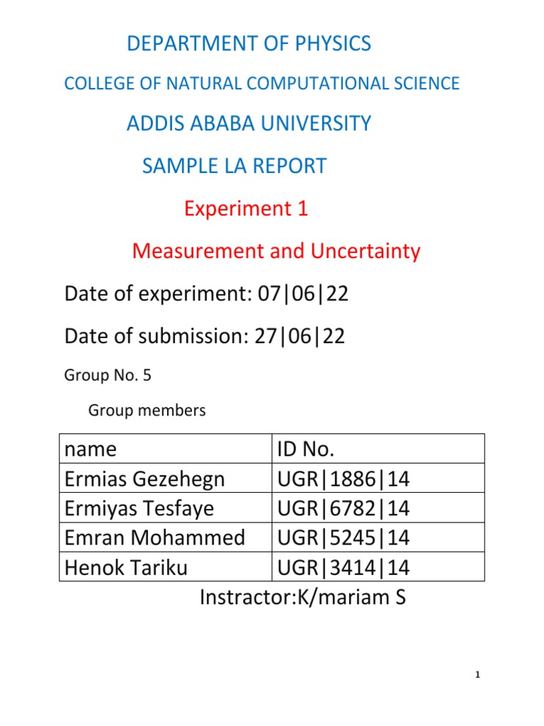 Experiment 1 Measurement and Uncertainty: Department of Physics Addis ...