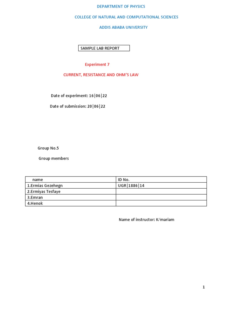 Sample Lab Report: Experiment 7 Current, Resistance and Ohm'S Law | PDF ...