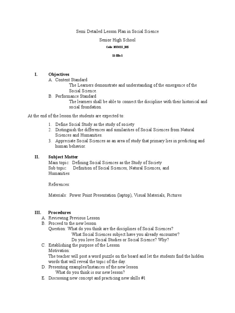 Semi Detailed Lesson Plan in Social Science | PDF | Social Sciences ...