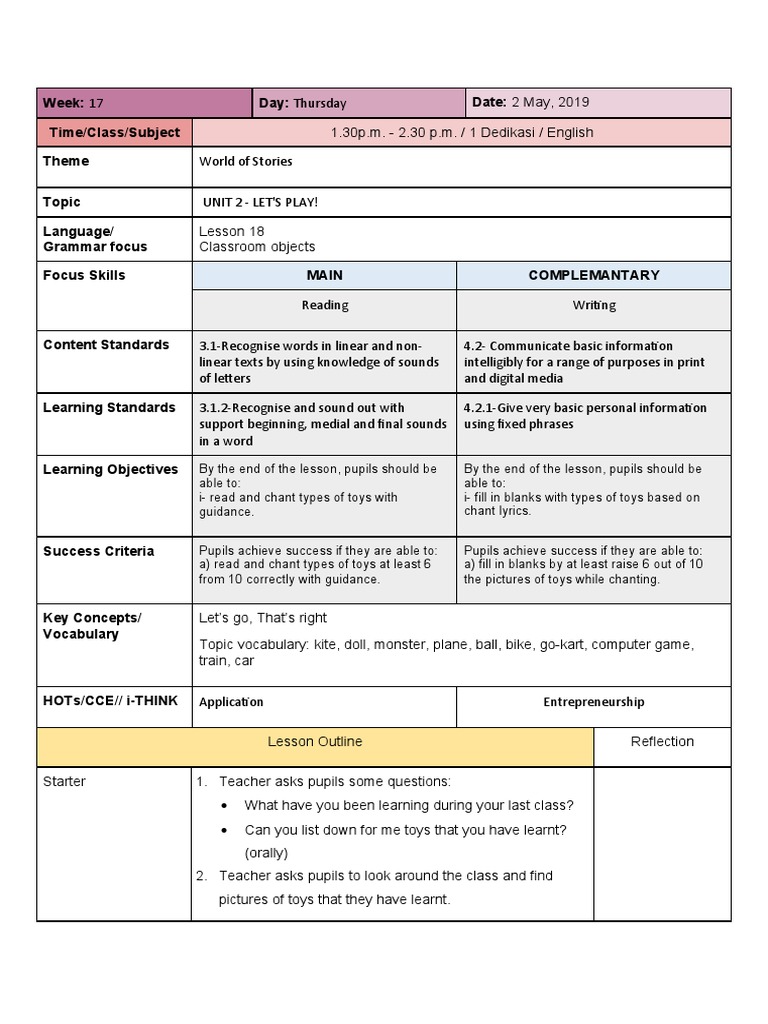 English Lesson Plan Year 1 - Let's Play | PDF | Vocabulary | English ...