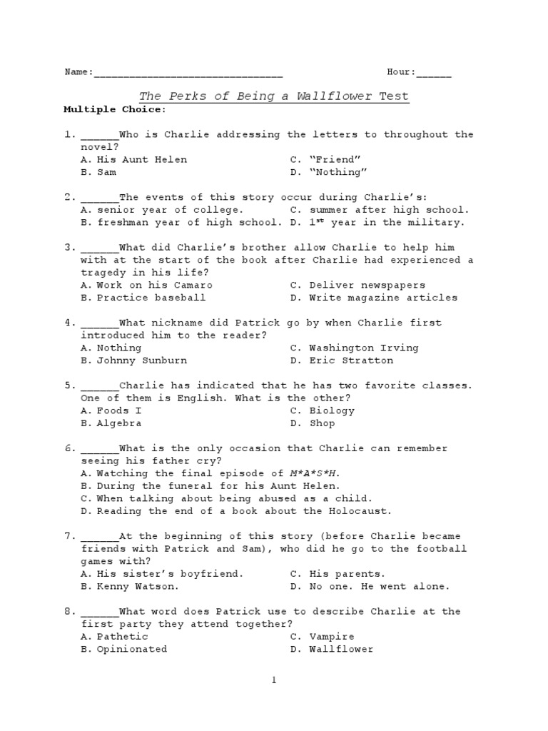 Perks of Being a Wallflower Test | PDF | Mystery, Thriller & Crime ...