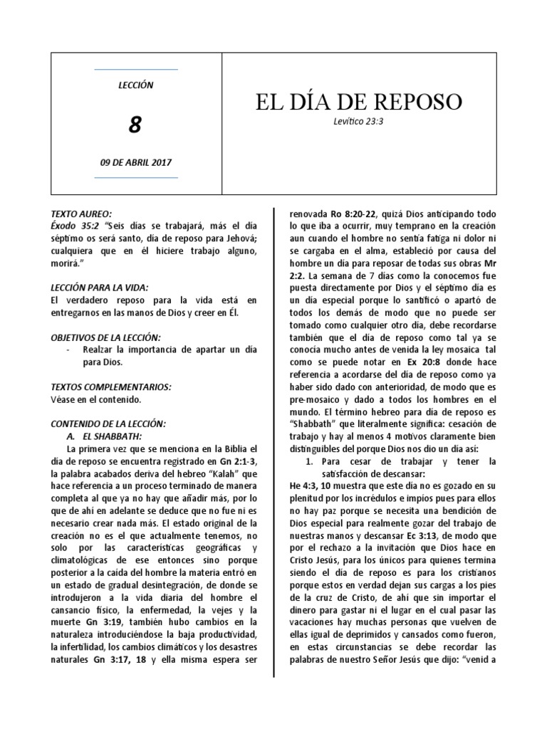 Lección 8 El Día de Reposo | Descargar gratis PDF | Shabat | Dios