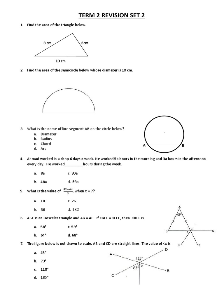 Term 2 Revision Set 2: What Is The Name of Line Segment AB On The Circle Below? A. Diameter B ...