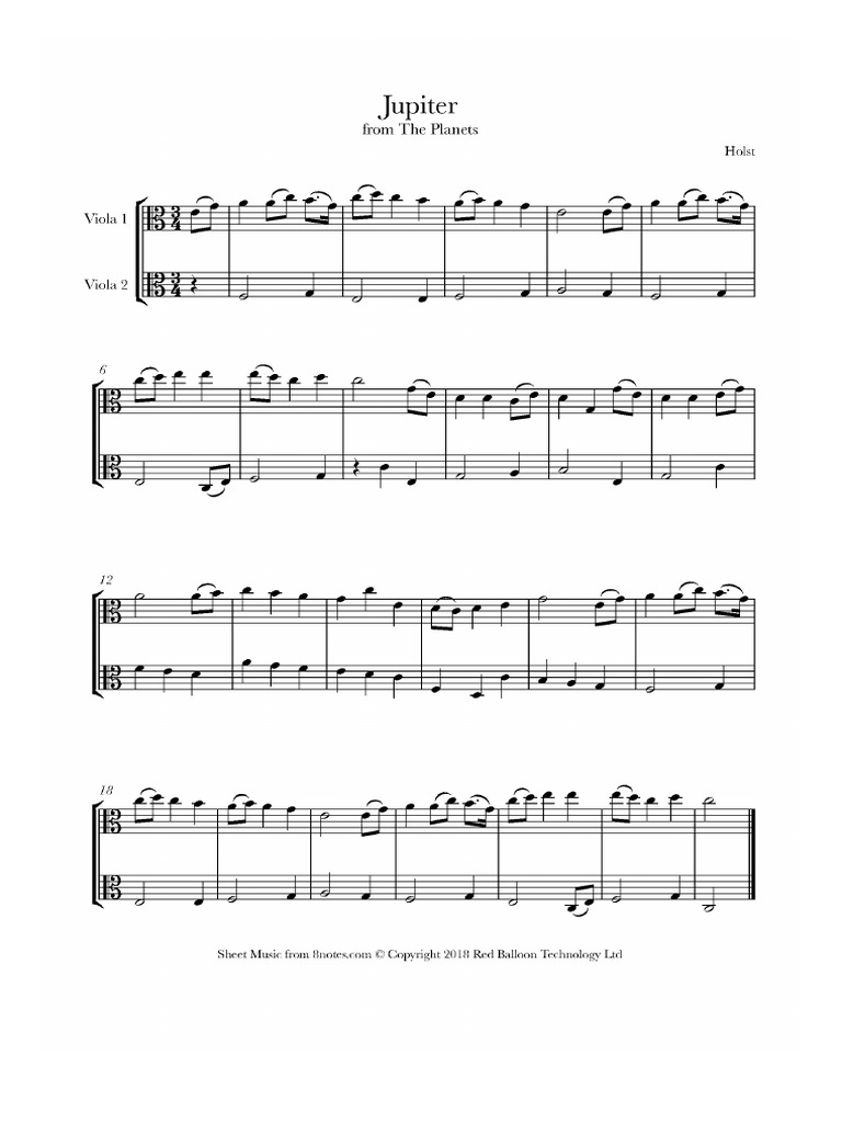 Holst - Jupiter From The Planets (Theme) Sheet Music For 2 Violas | PDF