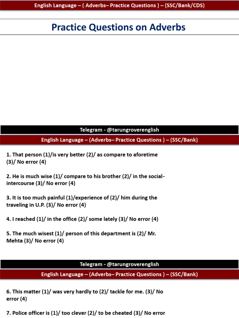 Adverb 100+ Practice Questions | PDF