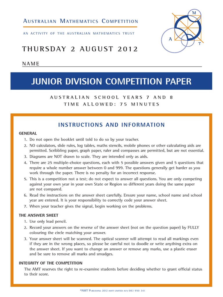 2012 AMC Junior Years 7 and 8 Questions Australian Mathematics ...