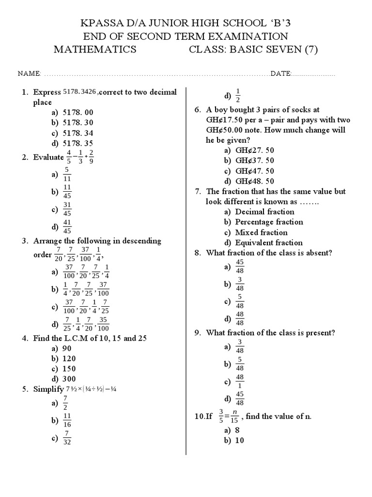 Kpassa D/A Junior High School B'3 End of Second Term Examination ...