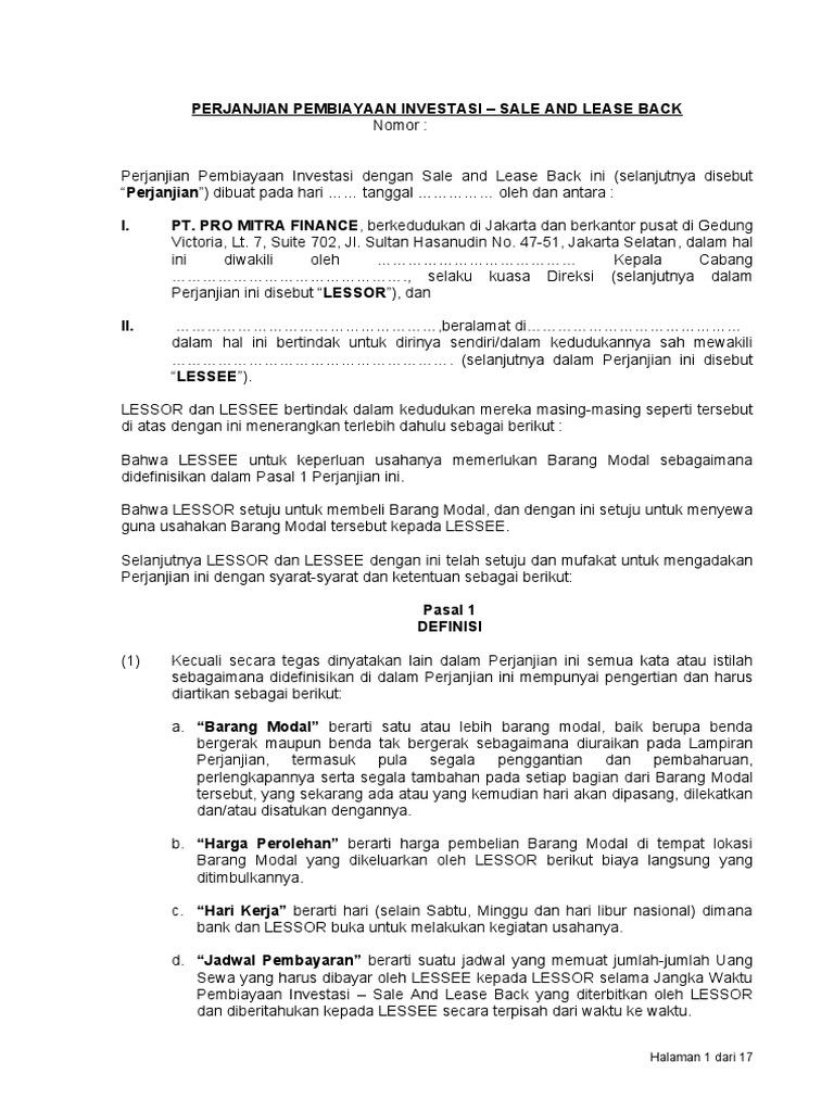 2.perjanjian Pembiayaan Investasi-Sale and Lease Back | PDF ...