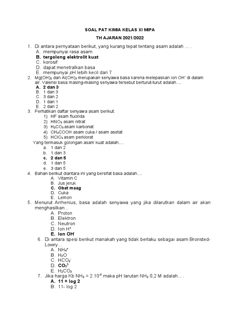 Soal Pat Kimia Kelas Xi 2022 | PDF