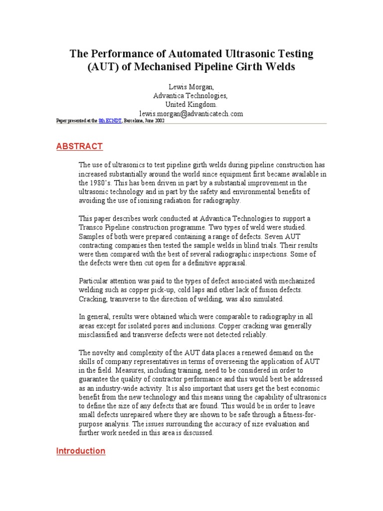 Automated Ultrasonic Testing of Pipeline Welds | PDF | Welding ...