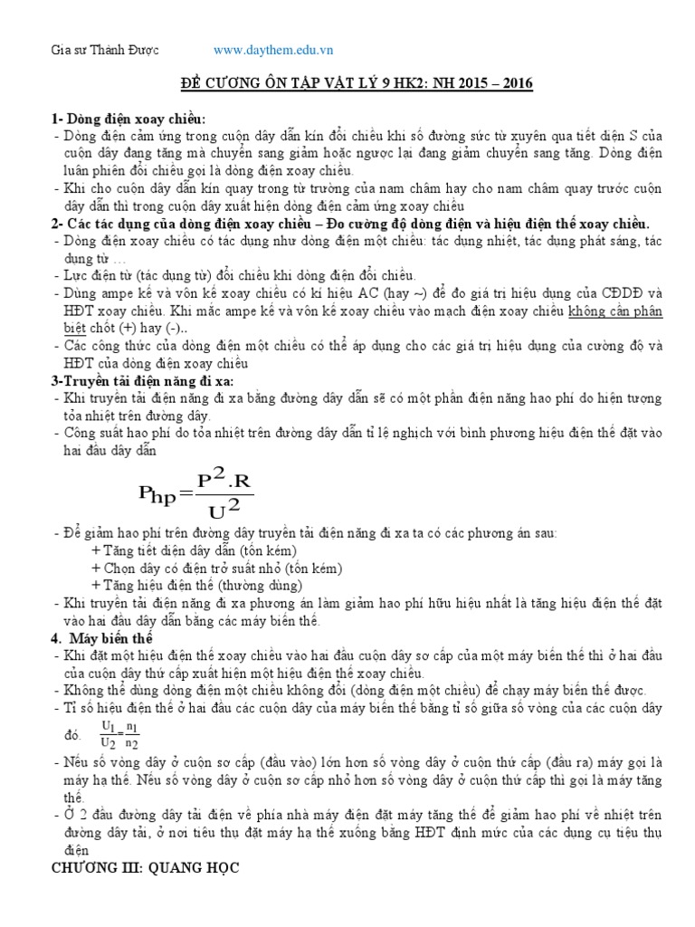 De Cuong On Tap Vat Li Lop 9 Day Du Va Chi Tiet de Cuong On Tap Ly 9 hk2 | PDF