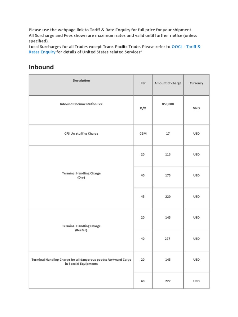 Inbound: OOCL - Tariff & Rates Enquiry | PDF | Cargo | Fee