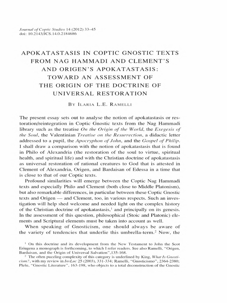 Apokatastasis in Gnostic Coptic Texts | PDF | Gnosticism | Origen