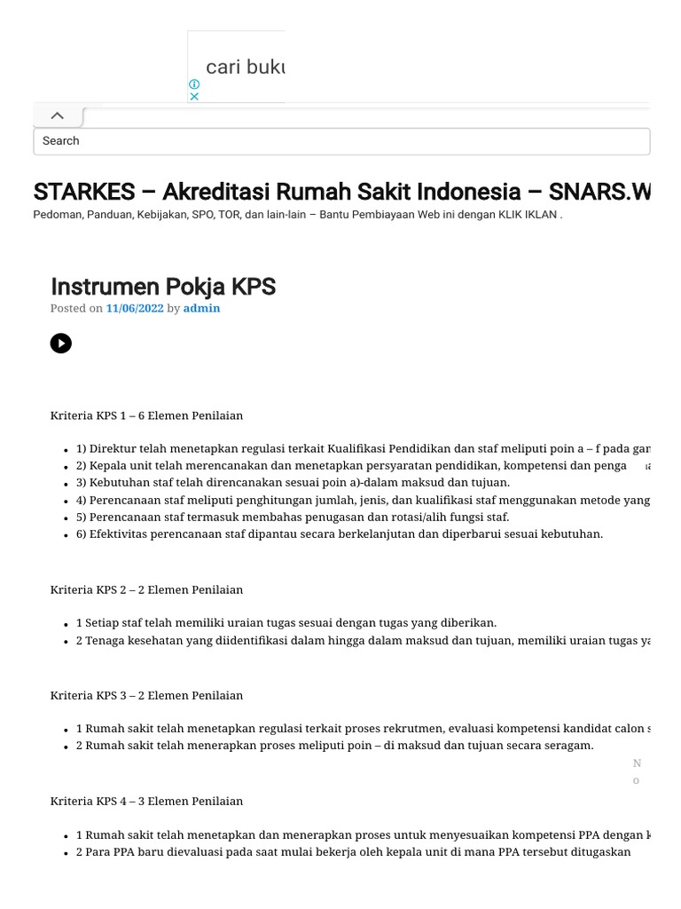 Instrumen Pokja KPS - STARKES - Akreditasi Rumah Sakit Indonesia - SNARS - WEB.ID | PDF