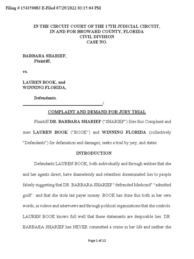Sharief Files Defamation Lawsuit Against Lauren Book | PDF | Defamation ...