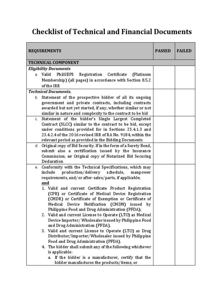 Checklist of Technical and Financial Documents: Requirements Passed ...