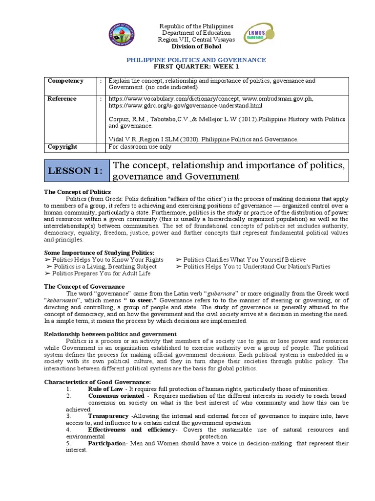 LESSON 1: The Concept, Relationship and Importance of Politics | PDF ...
