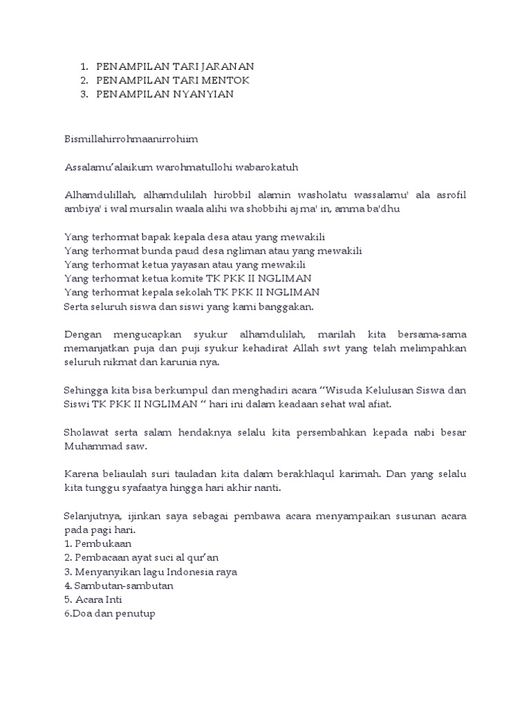 Teks MC Perpisahan TK | PDF