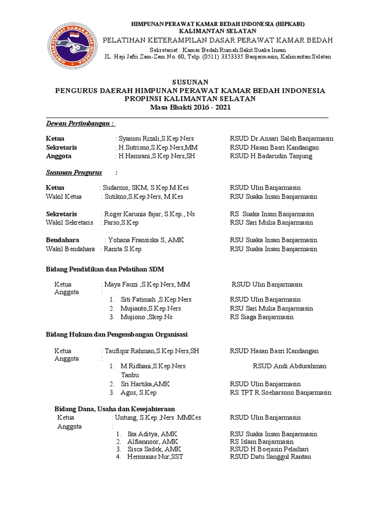 Pengurus HIPKABI Kalsel 2016-2021 | PDF | Sains & Matematika