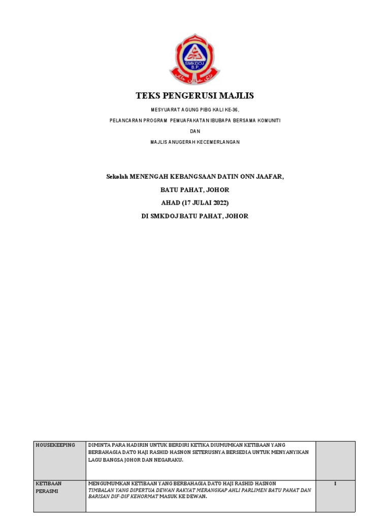 Teks Pengerusi Majlis Pibg Smkdoj 2022 | PDF