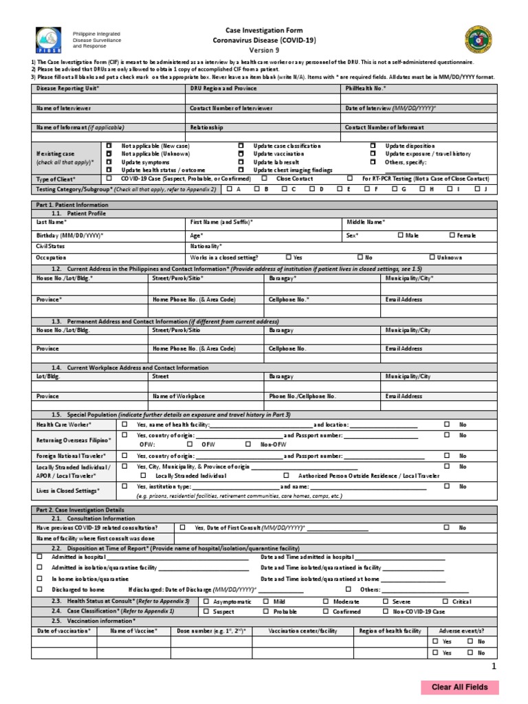 Case Investigation Form (CIF) - 2 Pages | PDF | Respiratory Diseases ...