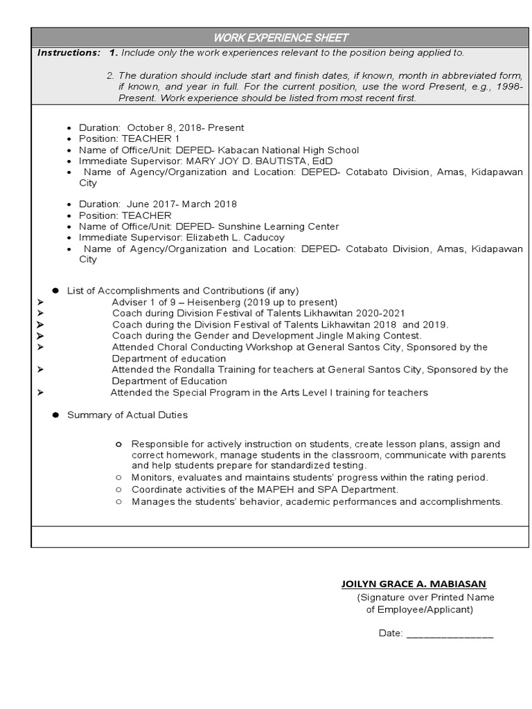 Work Experience Sheet: Instructions: 1. Include Only The Work ...