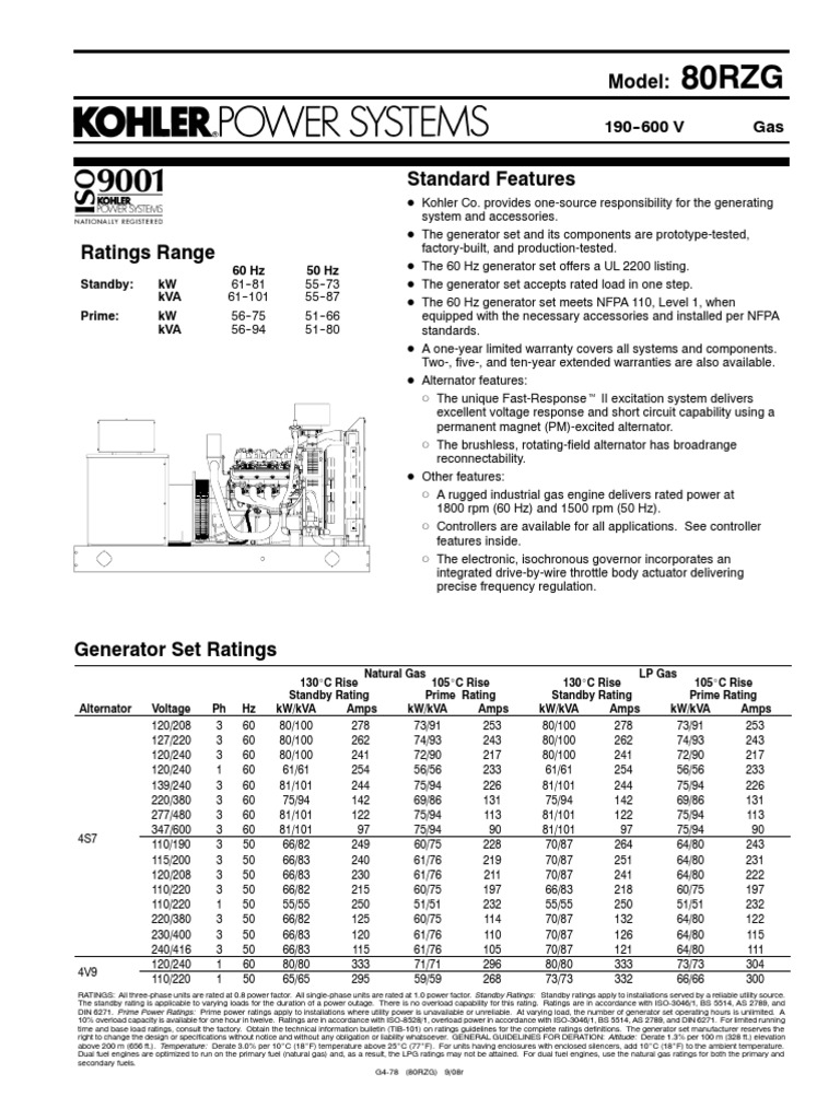 Kohler 80RZG Spec Sheet | PDF | Electric Motor | Engines