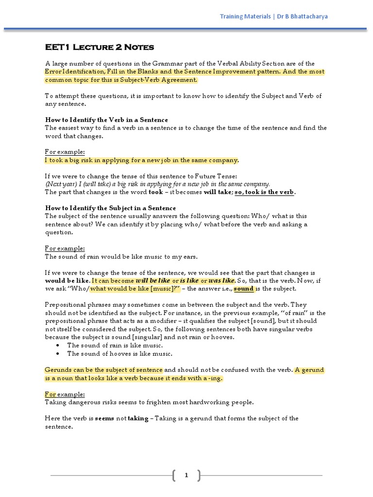 EET1 Lecture 2 Notes: How To Identify The Verb in A Sentence | PDF ...