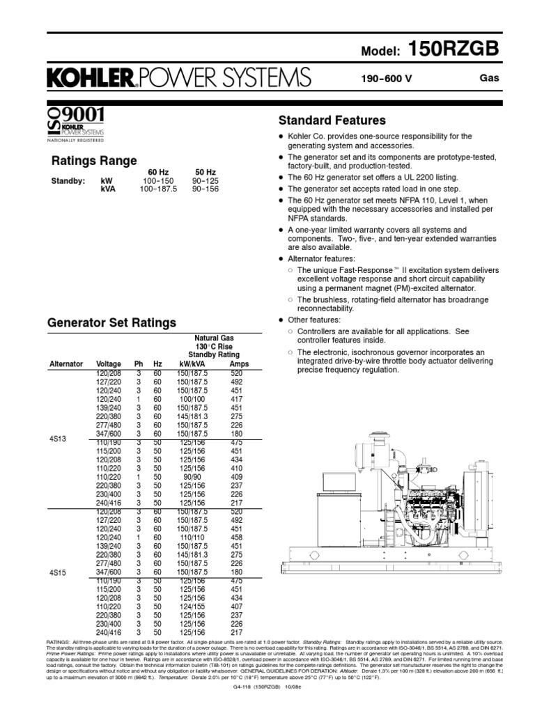 Kohler 150RZGB Spec Sheet | PDF | Engines | Electric Generator