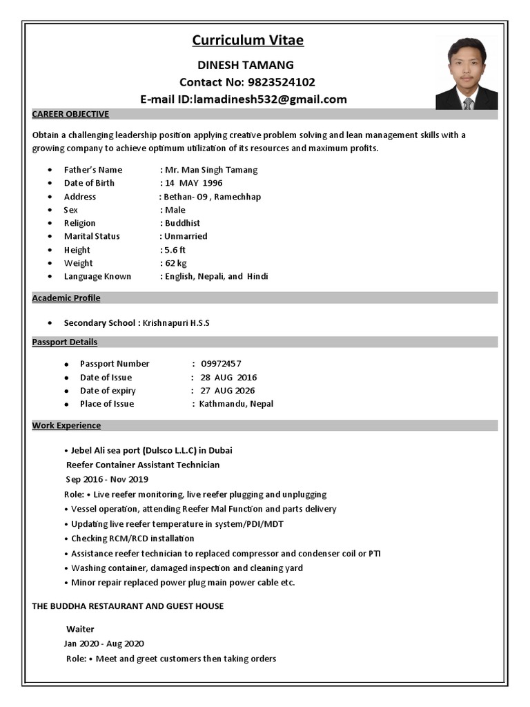 Curriculum Vitae: Dinesh Tamang Contact No: 9823524102 | PDF | Food And Drink