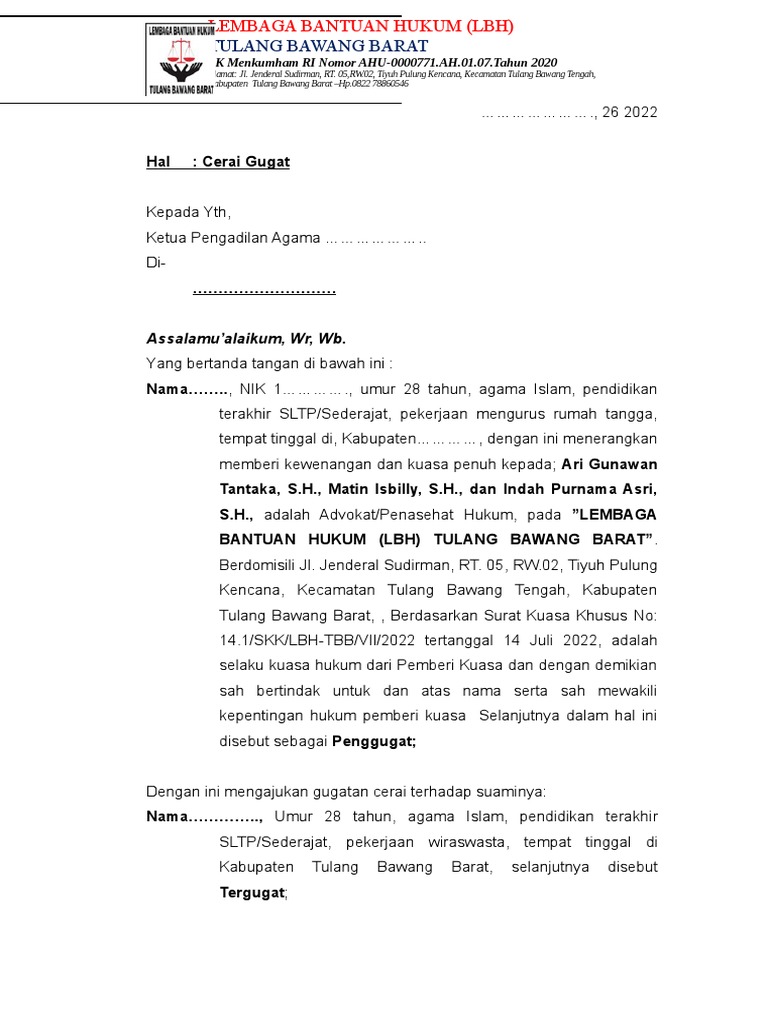 Contoh Gugatan Cerai Di Pengadilan Agama | PDF