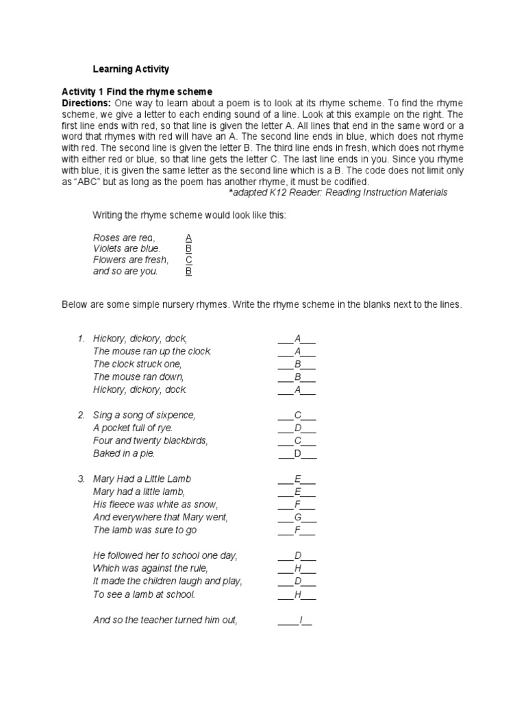 Learning Activity Activity 1 Find The Rhyme Scheme Directions: One Way ...