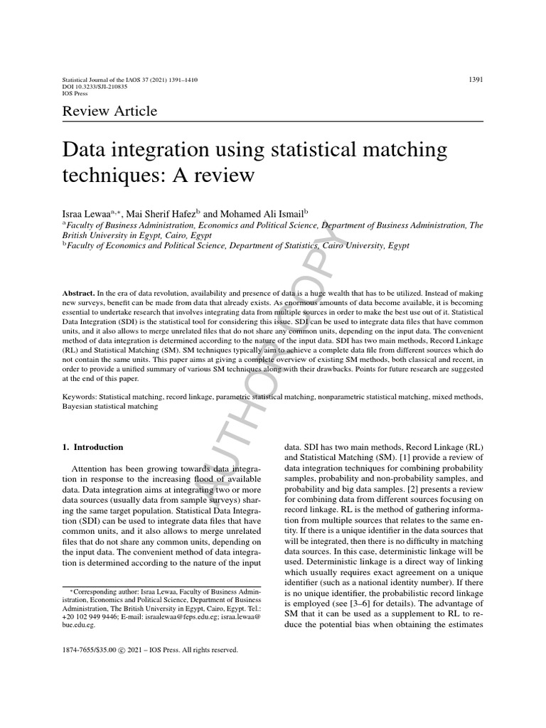 Data Integration Using Statistical Matching Techniques: A Review | PDF ...