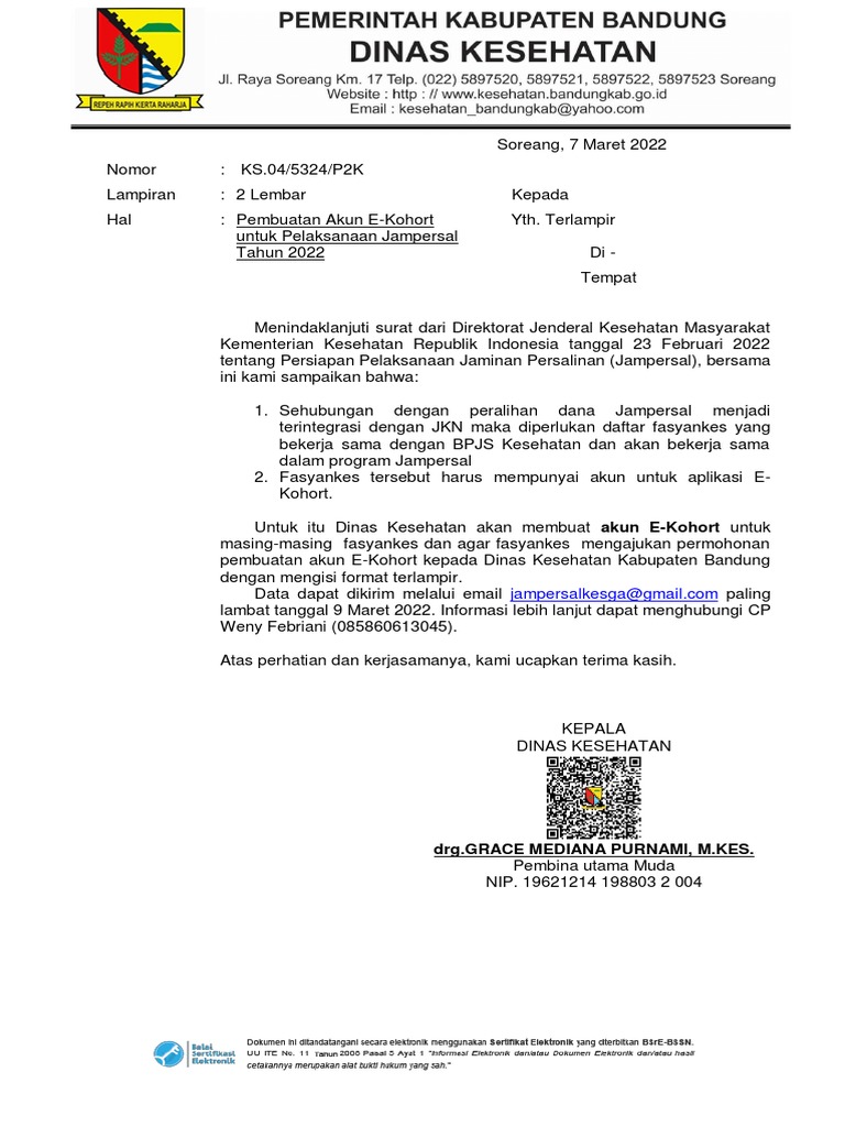 Surat Pembuatan Akun E-Kohort Untuk Pelaksanaan Jampersal Tahun 2022 | PDF