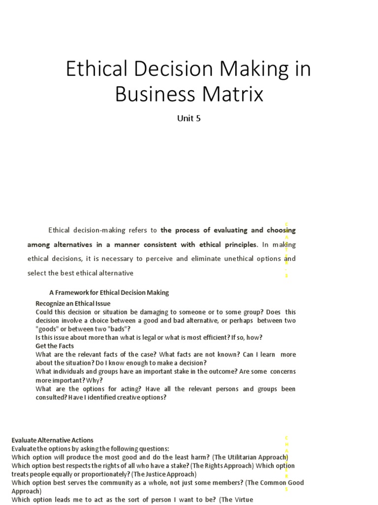 Ethical Decision Making in Business Matrix: Unit 5 | Download Free PDF ...