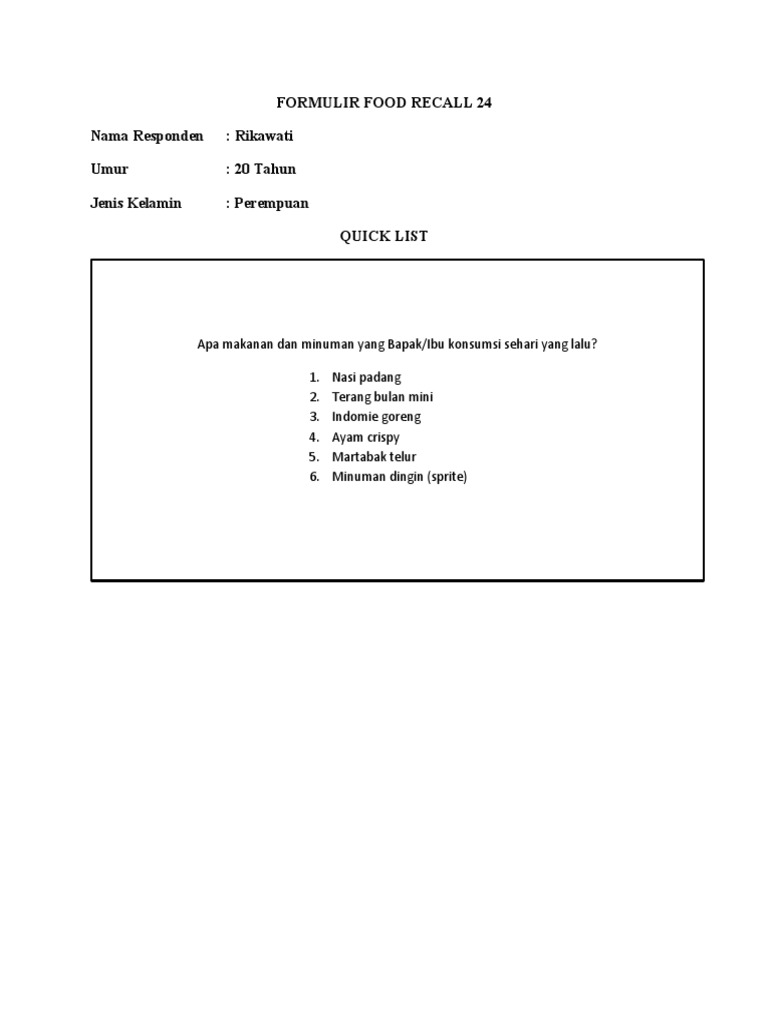 Formulir Food Recall 24 | PDF
