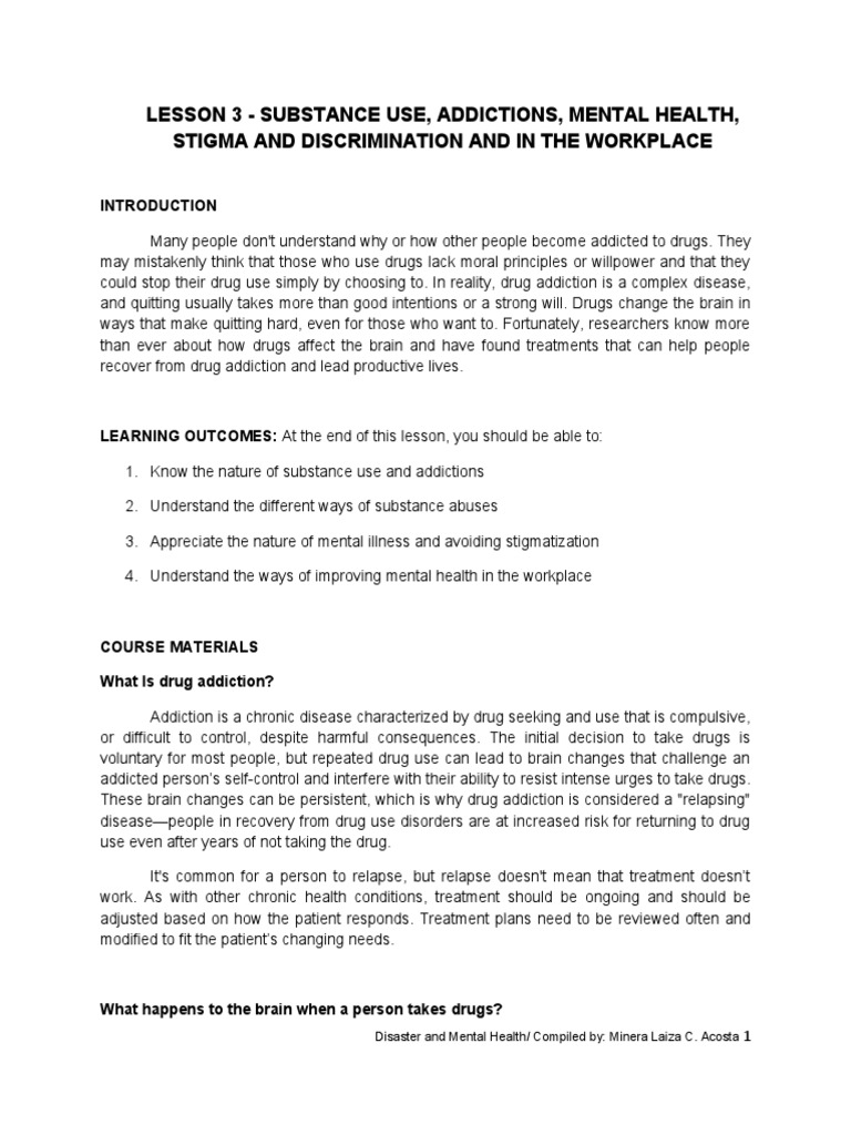 Lesson 3 - Substance Use, Addictions, Mental Health, Stigma and ...