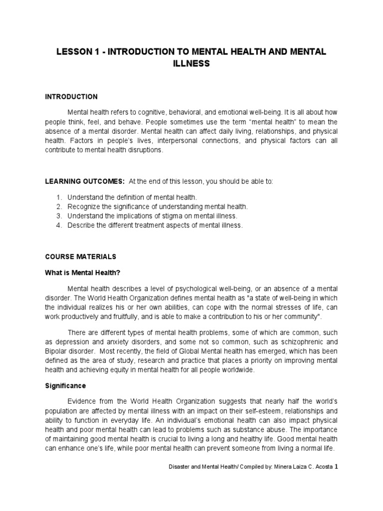 Lesson 1 - Introduction To Mental Health and Mental Illness | PDF ...