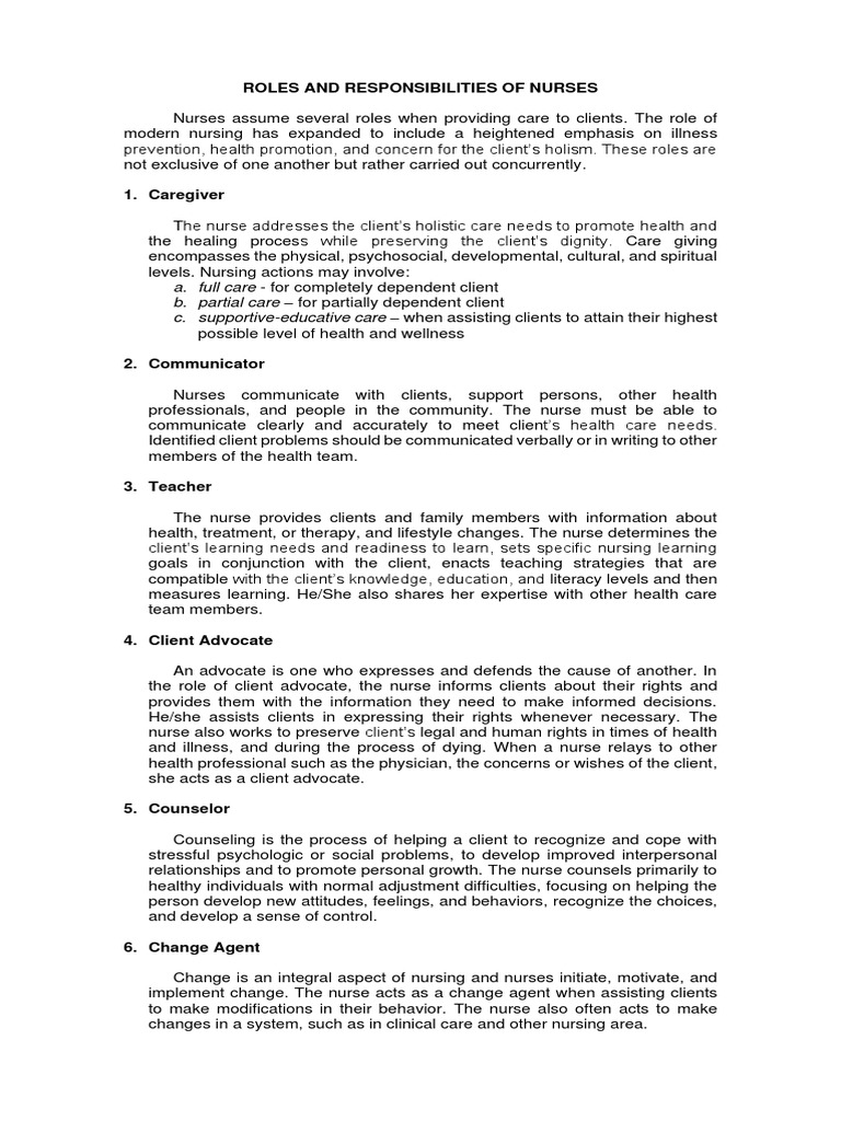 Roles and Responsibilities of A Nurse | PDF | Nursing | Leadership
