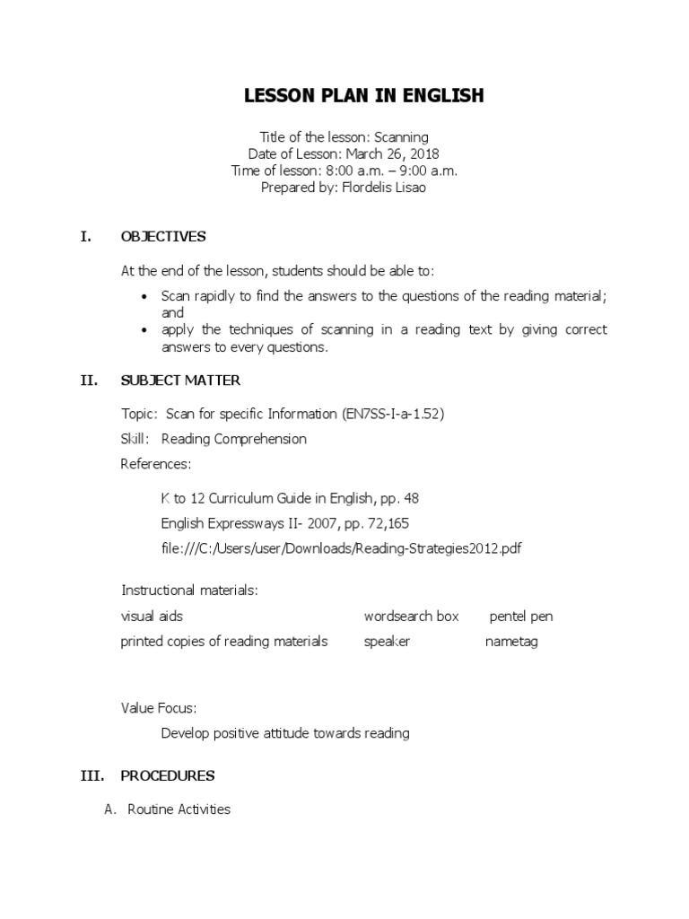 Lesson Plan in Scanning | PDF | Lesson Plan | Teachers