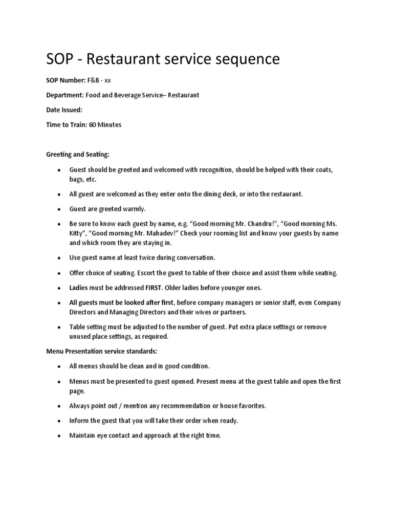 3 Restaurant Service Sequence | PDF | Menu | Restaurants