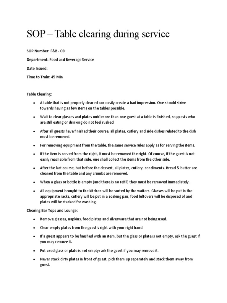 Table Clearing Procedures for Service | PDF | Tableware | Foods