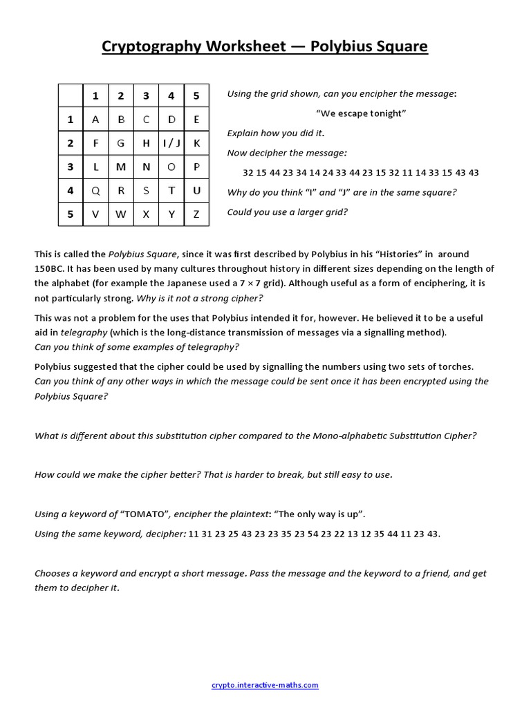 Cryptography Worksheet - Polybius Square | PDF | Cipher | Communication Cryptography Worksheet - Polybius Square | PDF | Cipher | Communication
