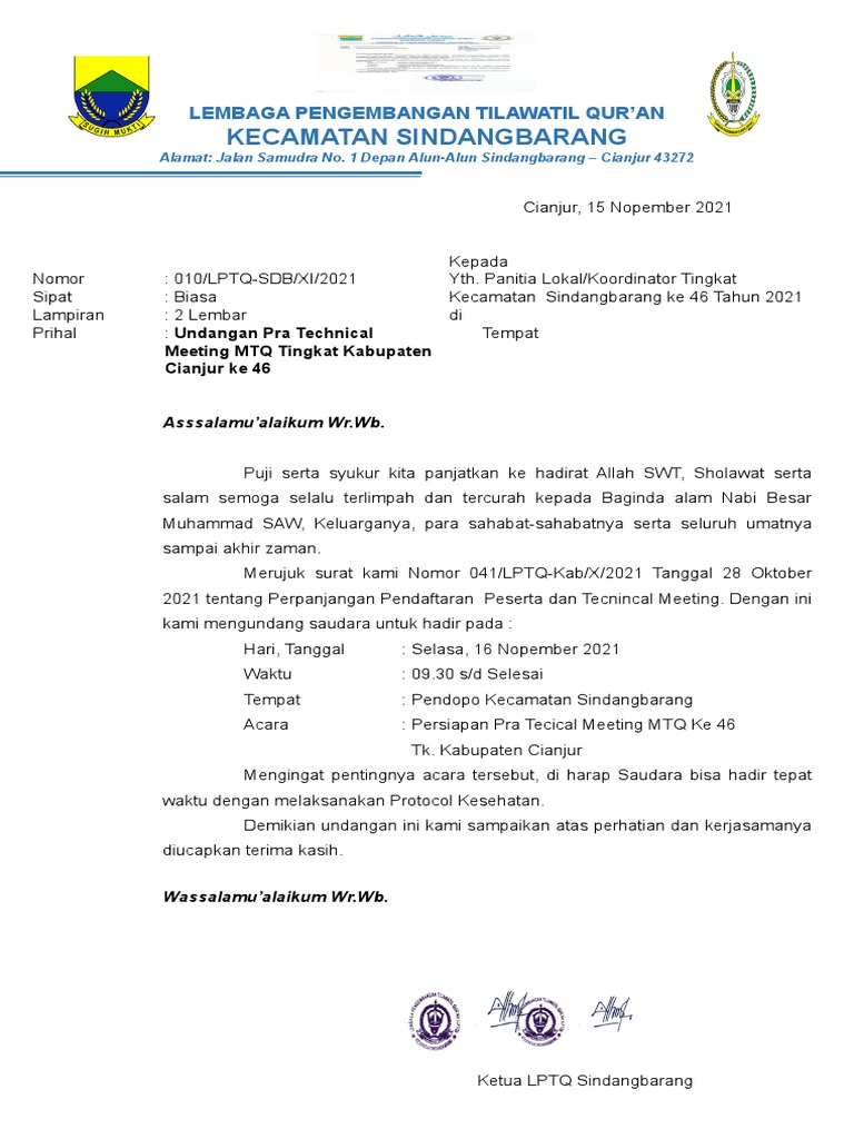 Undangan Pra Tecnical Meeting Panlok MTQ 2021 | PDF
