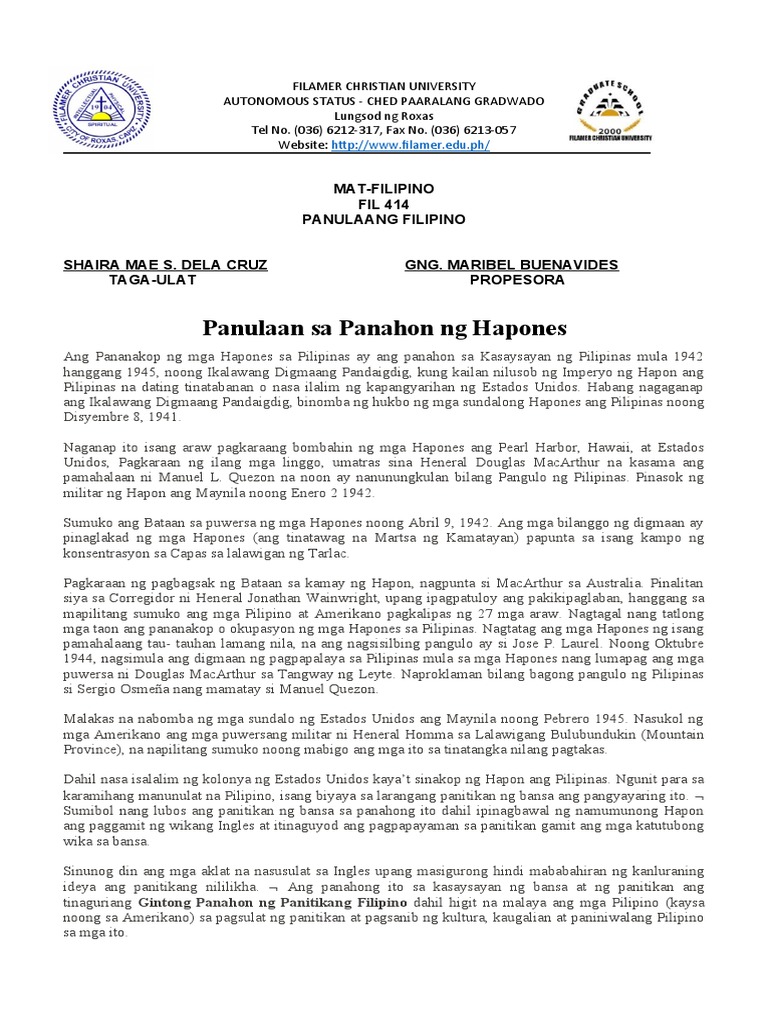 FIL. 414 Panahon NG Hapon SHAIRA MAE S. DELA CRUZ | PDF