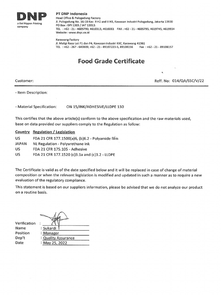 Foodgrade Certificate - Material Spec 1L | PDF